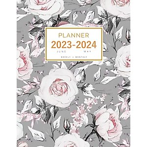 Planner 2023-2024: 8.5 x 11 Weekly and Monthly Organizer from June 2023 to May 2024 | Beautiful Drawing Rose Flower Design Gray