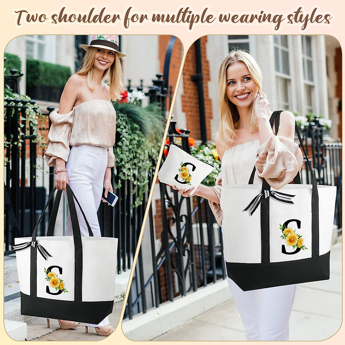 TRSODD Womens Christmas Gifts, Ini-tial Tote Bag for Women w Makeup Bag, Personalized Sunflower Gifts, 50th Birthday Grandma Mom Bride Sister Gifts, Mono-gram Beach Bag w Inner Pocket Card Gift Box M