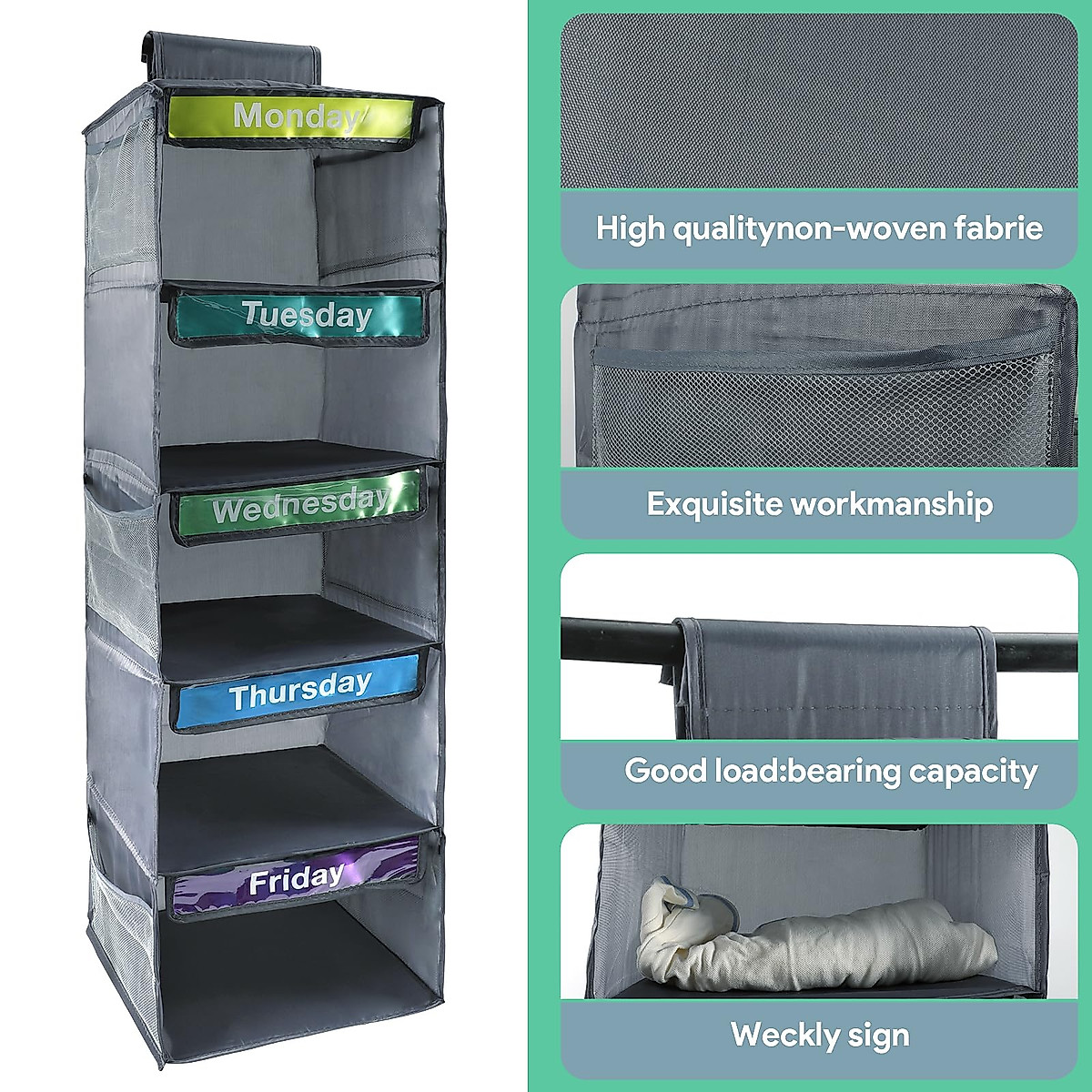 Yuuchoringee 5-Shelf Weekly Clothes Organizer for Kids Days of The Week Hanging Storage Shelves Dorm Room Essentials Daily Shelf Hanging Closet Organizer with 6 Side Pockets…