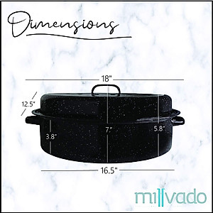 Millvado Roasting Pan With Lid, Turkey Roaster Pan, Extra Large 18 lb Capacity, 18" Granite Oven Roaster Oval Shaped Speckled Enamel on Steel Cookware