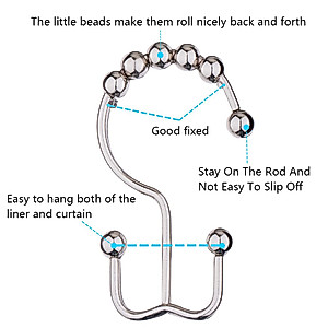 DAWNER Shower Curtain Hooks, Rust Proof Metal Easy Glide Double Rings, Stainless Steel Hangers for Bathroom Curtains, Set of 12, Brushed Nickel