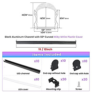 Muzata 10Pack 1FT/12inch Excellent Spotless LED Channel System with Milky White Cover Black Aluminum U Shape LED Strip Diffuser Channel U108 BW 0.3M