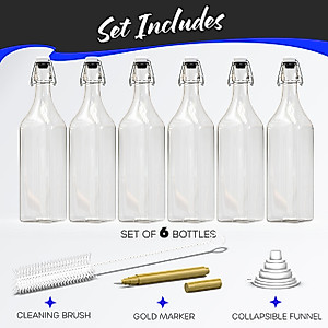 Nevlers 33 Oz Square Swing Top Glass Bottles with Lids for Juicing | Limoncello Bottles | 6 Pack Glass Airtight Bottle | Flip Top Glass Bottle With Stopper | Mead & Beer Brewing Bottles with Caps