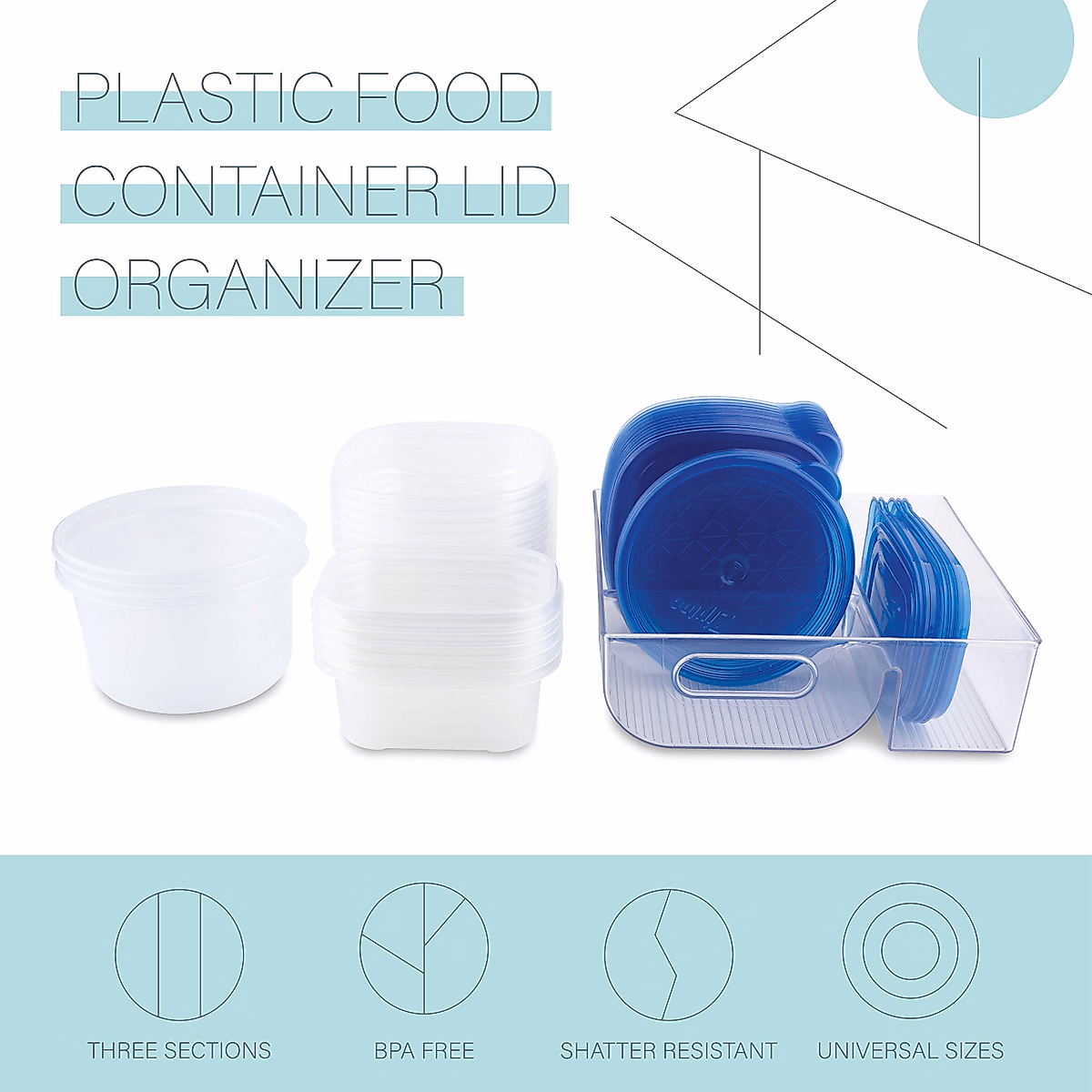 Homeries 3 Compartment Acrylic Food Container & Pot Lid Organizer, Clear, 2 Pack