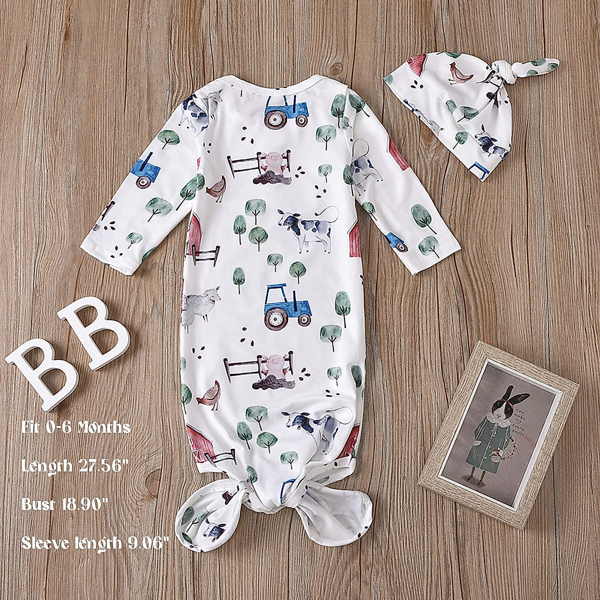 Newborn Neutral Farm Animal Clothes Knotted Sleeper Gown Unisex Baby Boy Girl Cow Nightgown Gifts Infant Western Outfit