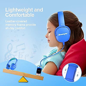 Jimonyer Kids Headphones for School, 3.5mm Jack Wired Headphones for Kids with Safe Volume Limiter, HD Stereo Sound On-Ear Girls Boys Toddler Headphones for Tablet, iPad, Kindle(Blue)