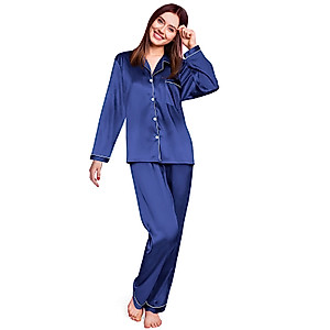 Unittype Women Silk Pajama Set Long Sleeve Silk Sleepwear Satin 2 Pcs Classic Button Down Pajamas for Bride Wedding Party (Blue,M)