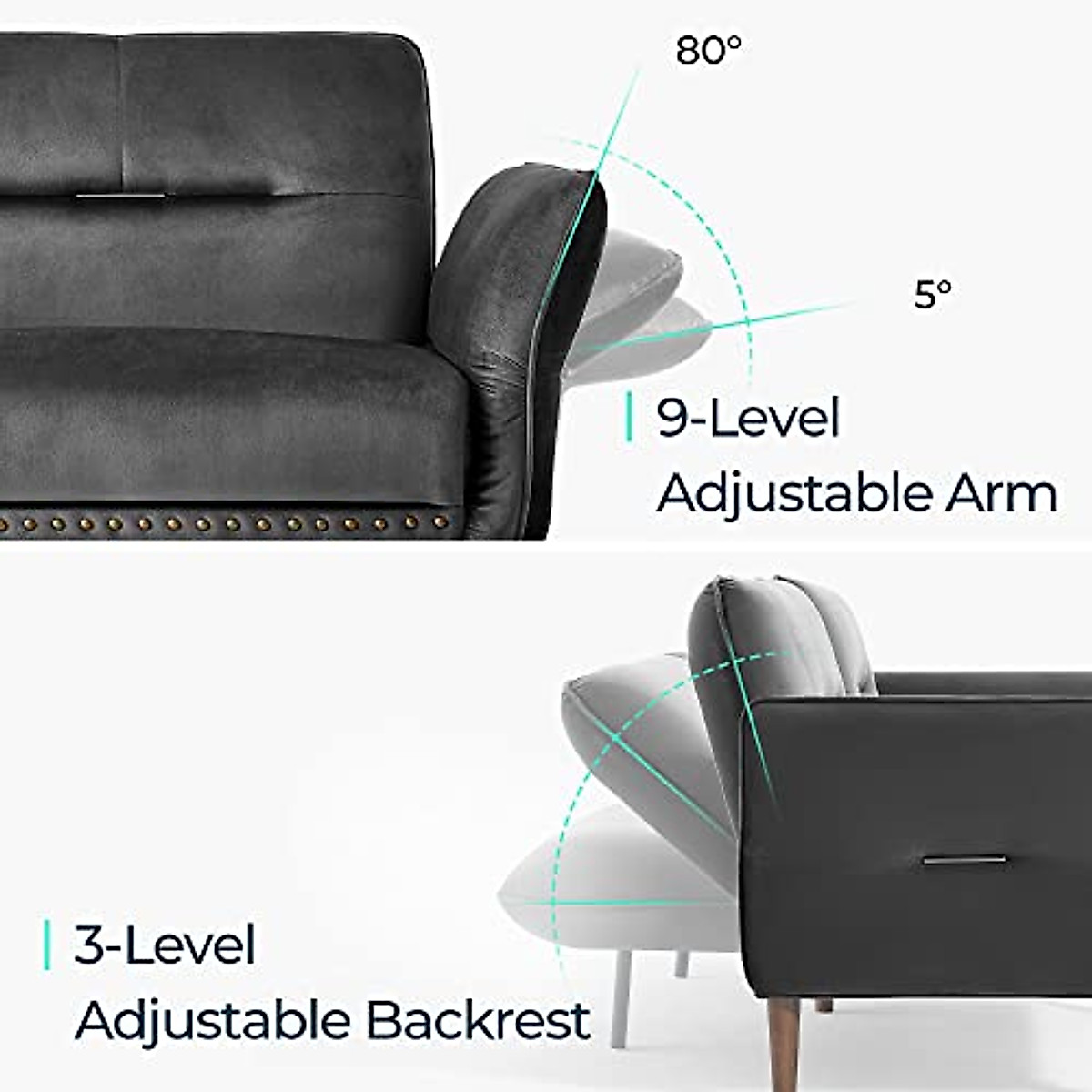 LINSY HOME Futon Sofa Bed, Velvet Sleeper Sofa with Mattress and Frame, Memory Foam Futon Couch for Small Spaces, Living Room, Dark Grey