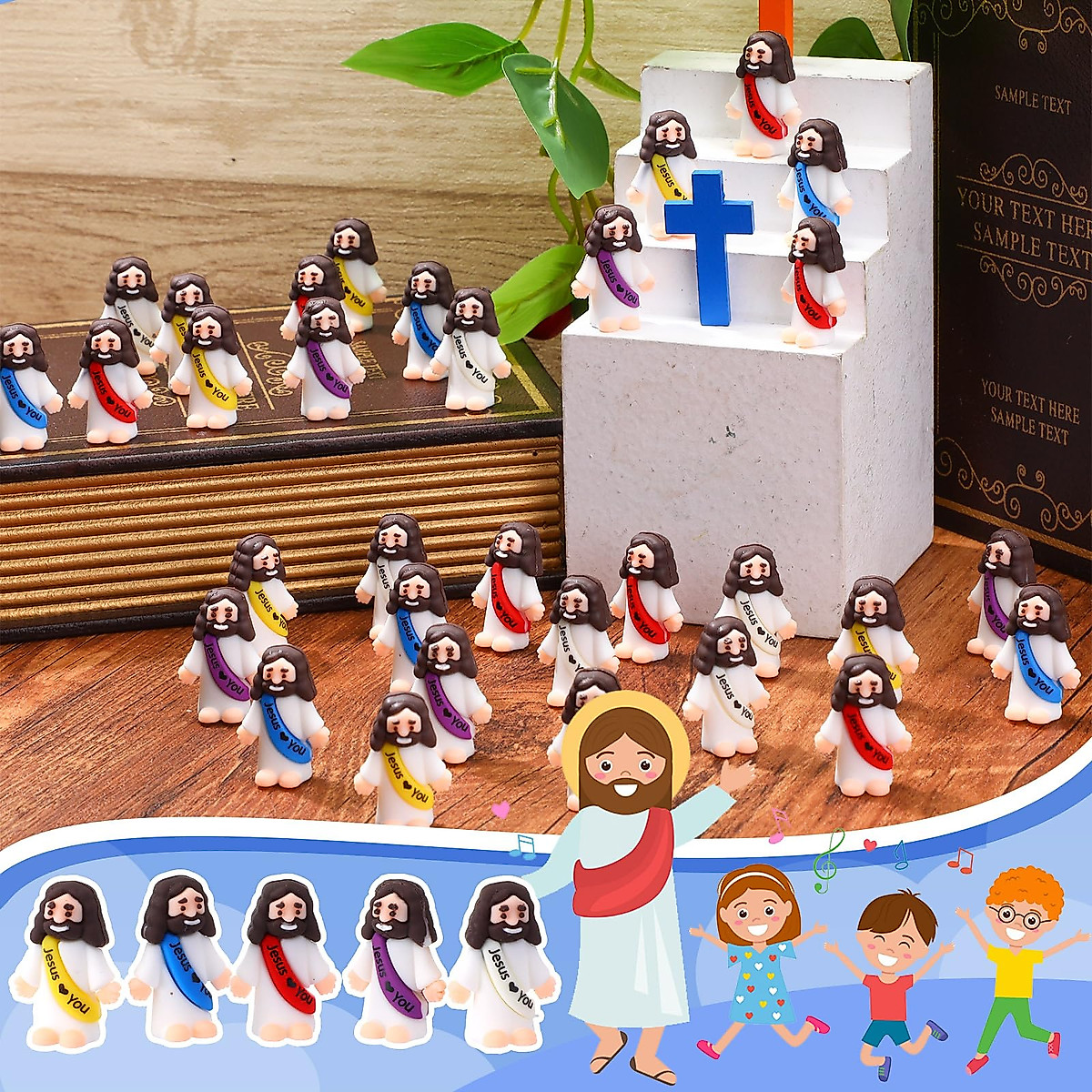 Bememo 25 Pcs Little Jesus Figures Original Design Easter Jesus Love You Mini Rubber Toys to Hide and Seek Religious Party Favors Sunday School Baptism Gifts Easter Egg Stuffers(Lively Colors)