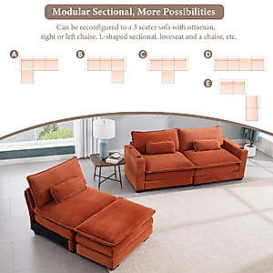 KIVENJAJA Corduroy Cloud Sectional Couch, Modern Comfy Modular L-Shaped Sectional Sofa with Ottoman, Cup Holders & USB Port for Living Room Apartment, 117.7”W, Orange