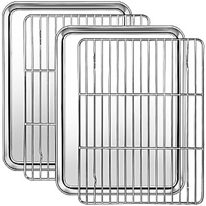 Quarter Sheet Pan with Wire Rack Set [2 Baking Sheets + 2 Cooling Racks], CEKEE Stainless Steel Cookie Sheets for Baking with Baking Rack, Nonstick Heavy Duty & Dishwasher Safe, Size 12 x 10 x 1 Inch