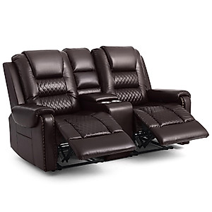 Large Massage Recliner Loveseat, Lumbar Heating Reclining Sofa Chairs, PU Leather, Ergonomic Living Room Chairs with Cup Holders, Remote Control, Brown