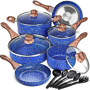 MICHELANGELO Pots and Pans Set 15 Piece with with Non- toxic Stone-Derived Interior, Nonstick Kitchen Cookware Set with Utensils
