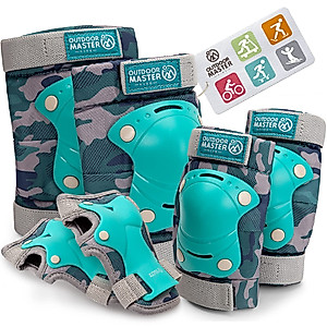 OutdoorMaster Kids/Youth Protective Gear - Knee Pads Elbow Pads Wrist Guard 6-in-1 Set for Bike, Roller Skating, Skateboard, Inline Skating, Hover Board,Penny Board - Aqua Squad - S
