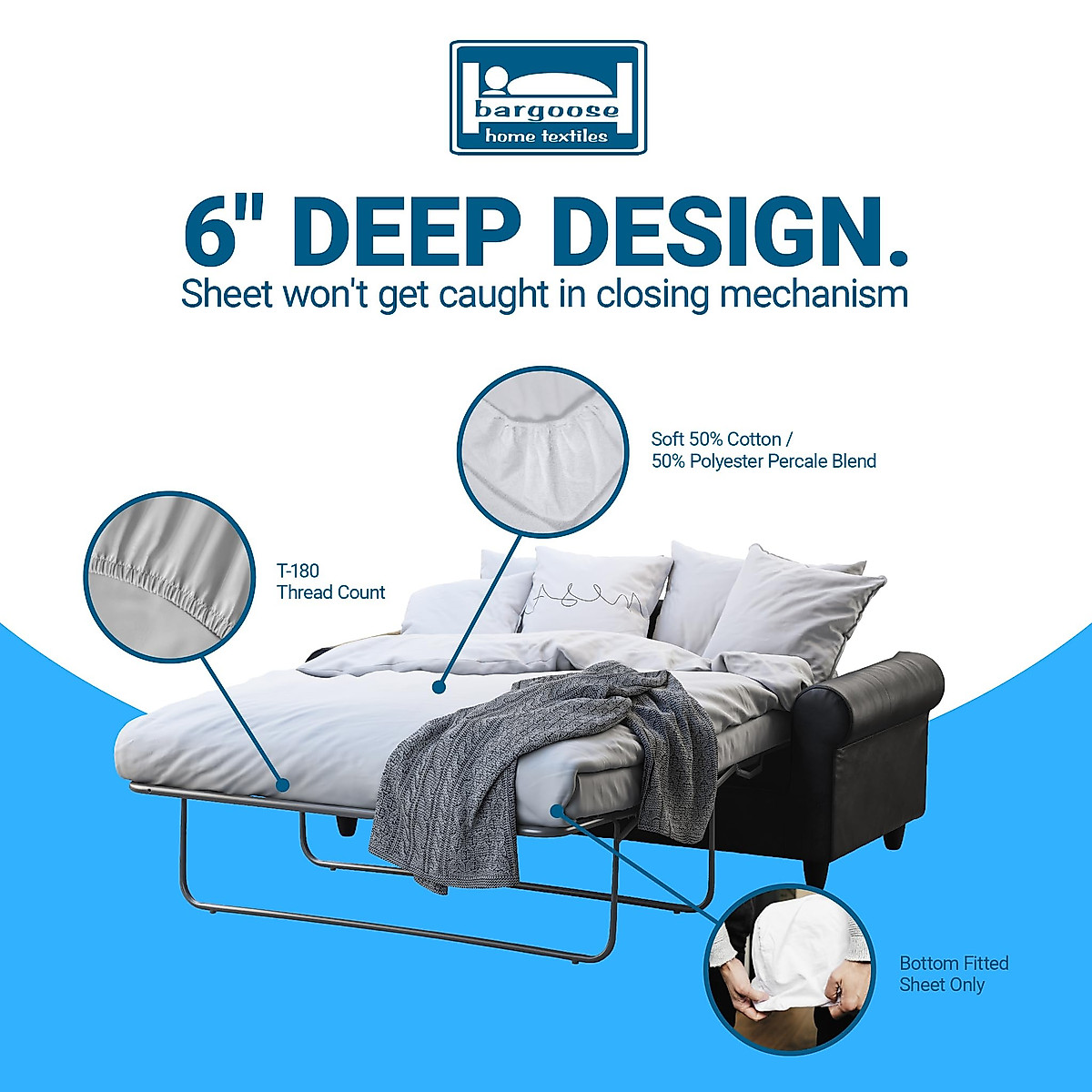 Sofa Sleeper Fitted Sheet, Sofa Bed/Pullout Couch Bottom Sheet, Fits 6" Thick Sleeper Sofa Mattress, 38" x 72" - Twin