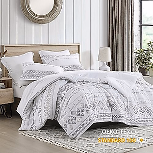 CozyDH Boho Comforter Set Queen Size - 100% Egyptian Long-Staple Cotton Modern Design with Geometric, Modern Breathable Lightweight All Season Bedding Set with Shams, 90"x90", Grey/White, 3 Piece