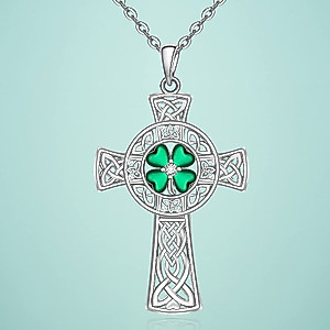 St Patricks Day Necklace Shamrock Necklace Celtic Cross Four Leaf Clover Necklaces for Women Sterling Silver Irish Shamrock Pendant Green 4 Leaf Clover Jewelry Lucky Gifts