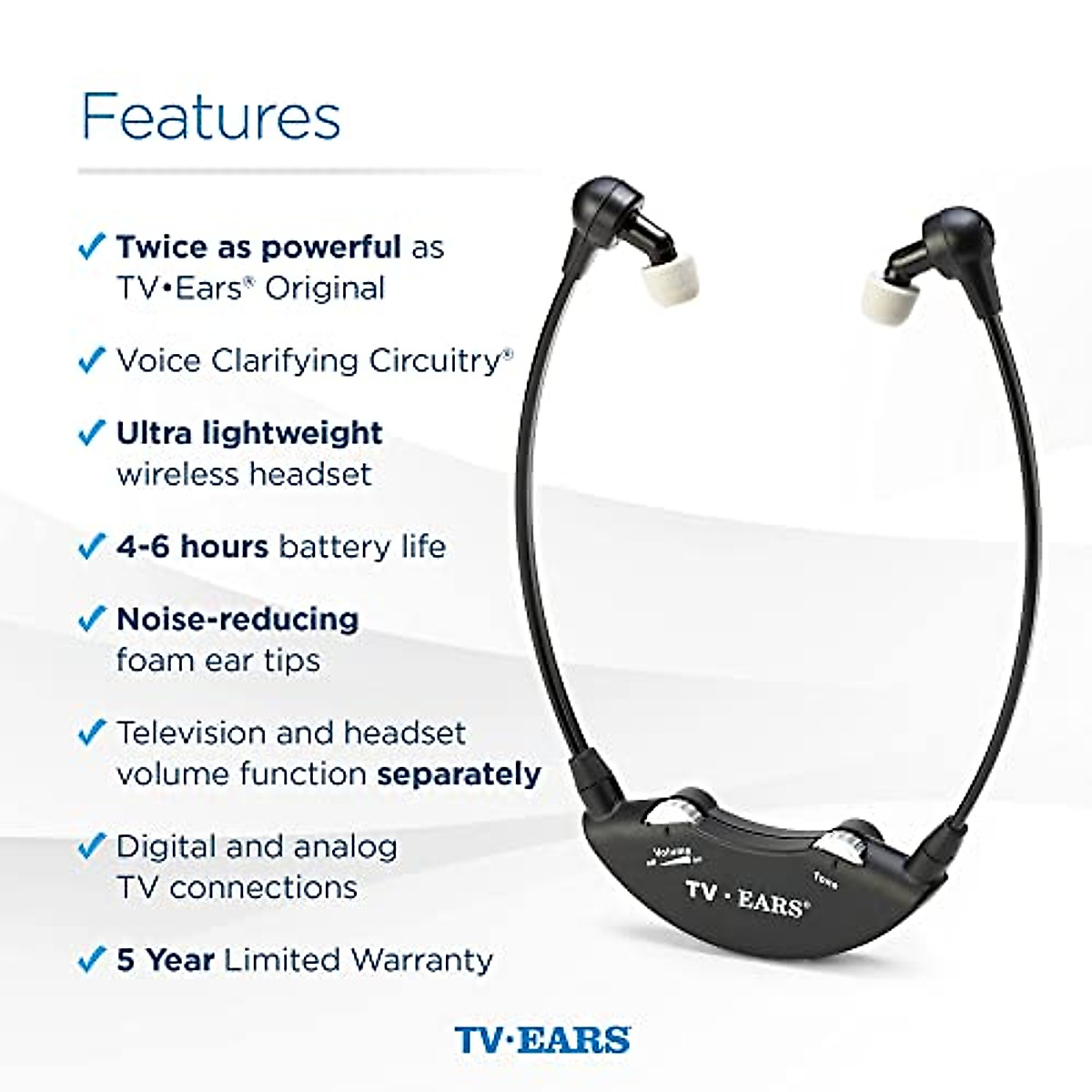 TV Ears Digital Wireless Headset System - Personal Volume Control, Quiet to Loud, Supports All TVs, Ideal for Seniors & Hearing Impaired, Infrared, Plug N' Play, No Pairing/Audio Delay, Dr Rec -11741, Black