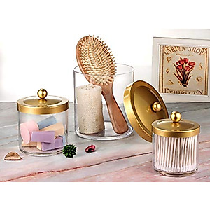 Premium Quality Apothecary Jars - Clear Plastic Storage Jars with Rust Proof Stainless Steel Lids - Bathroom Vanity Countertop Storage Organizer Canister Holder House Decor | Set of 3 (Gold)