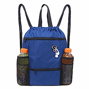 BeeGreen Royal Blue Drawstring Backpack Bag String Cinch Sack Backpack with Zipper Pockets and Mesh Water Bottle Holders Beach Backpack Large 18" L x 15" W Gym Sports Swim Bag