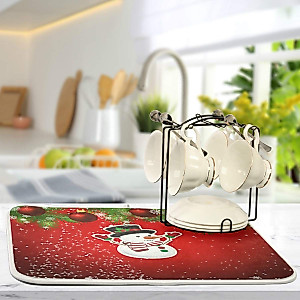 Christmas Dish Drying Mat, Red Christmas Snowman Dish Mat for Kitchen Countertops Sinks Drying Mat Absorbent Heat Resistant Dishes Drainer Pad 18 x 24 Inch