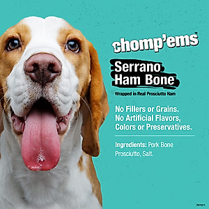 Ruffin' It Chomp'ems Serrano Ham Bone Wrapped with Prosciutto, 1 Pack - Healthy, Protein Rich Treats for Dogs - Long Lasting Dog Chews