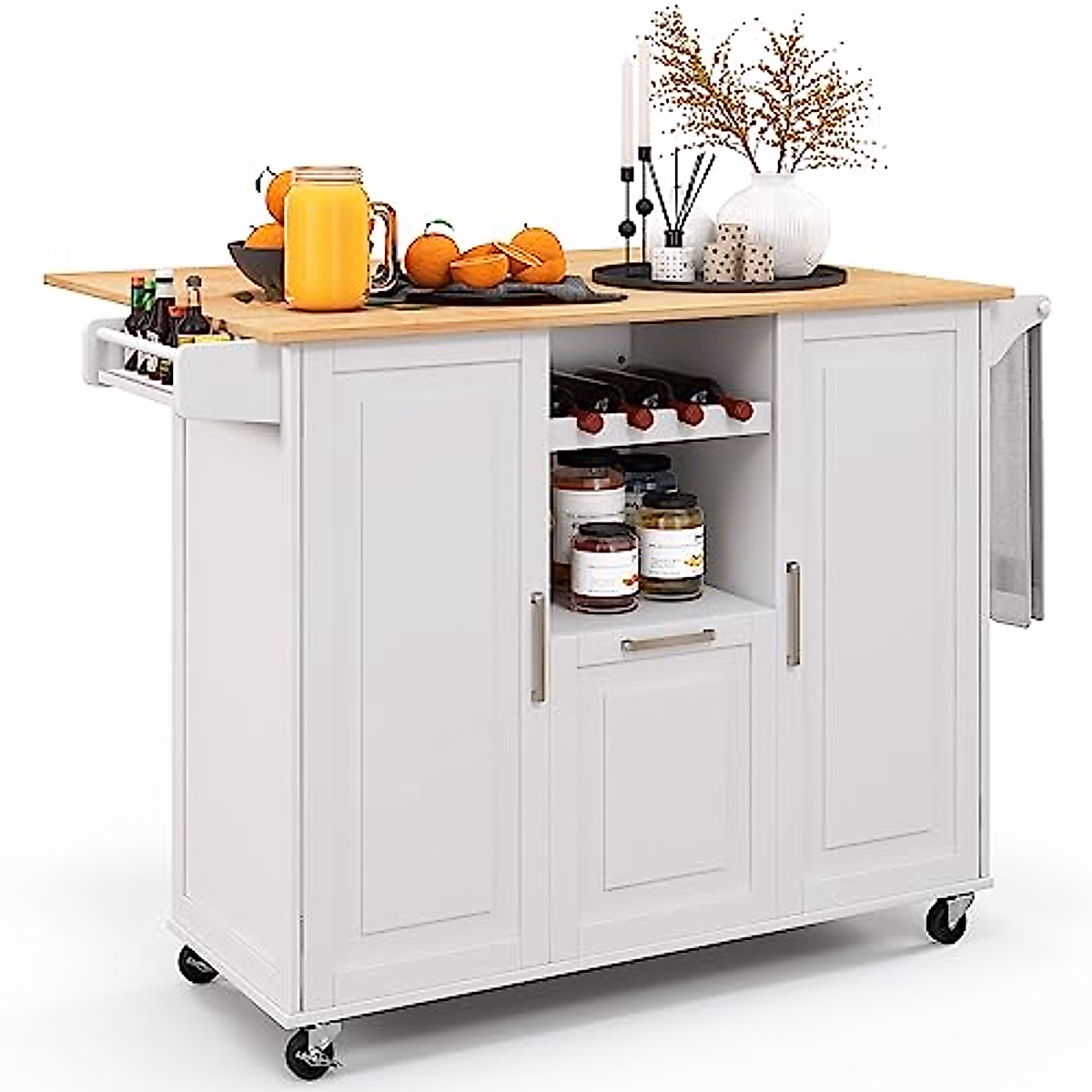 Giantex Mobile Kitchen Island with Drop Leaf, Rolling Island Table with Rubber Wood Top, Storage Cabinets, Deep Drawer, Wine Bottle Rack, Spice Rack, Serving Cart for Dining Room Bar (White)