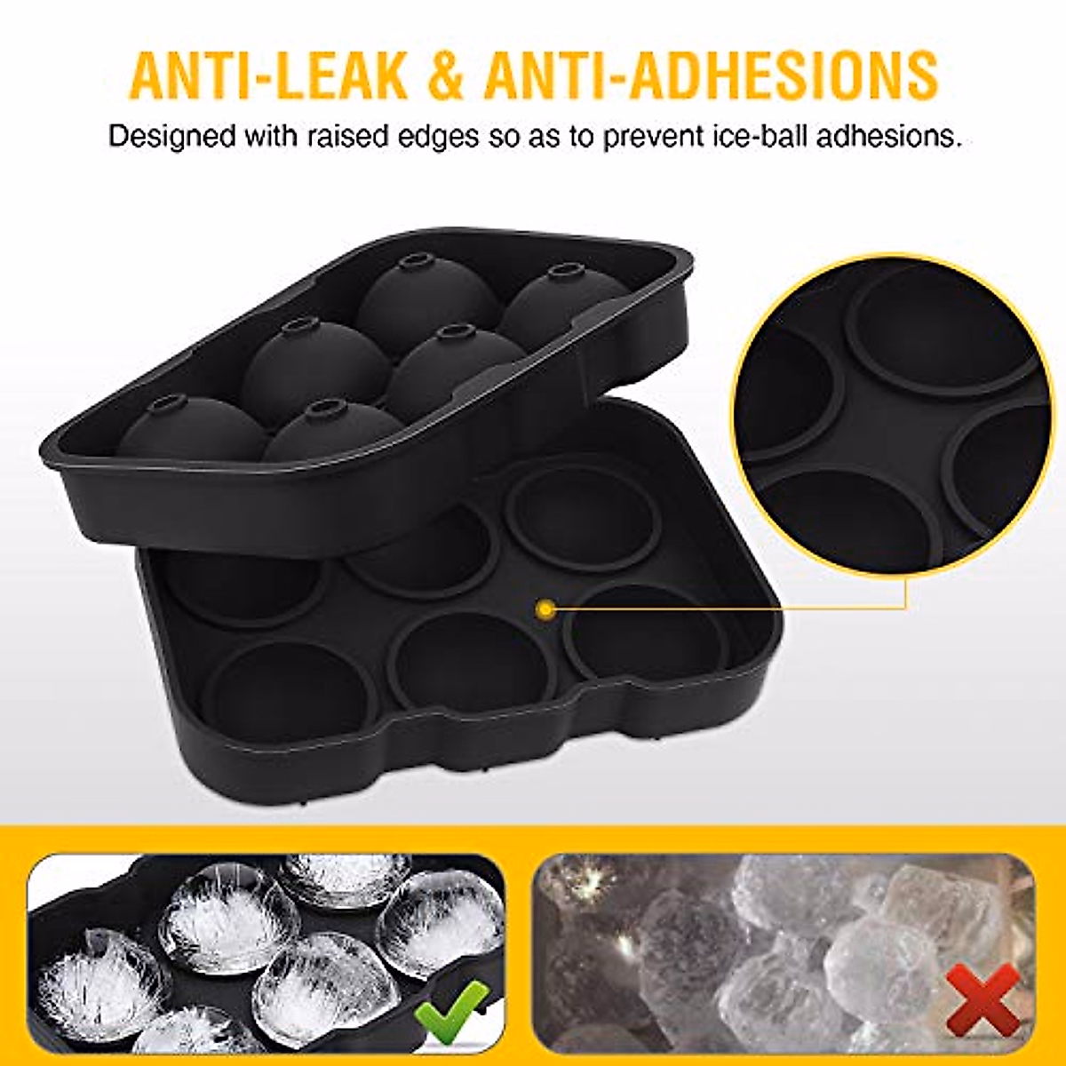 Rechishre Ice Cube Trays Silicone, Sphere Ice Ball Maker with Lid for Whiskey and Cocktails & Bourbon, Reusable and BPA Free 1 Pack