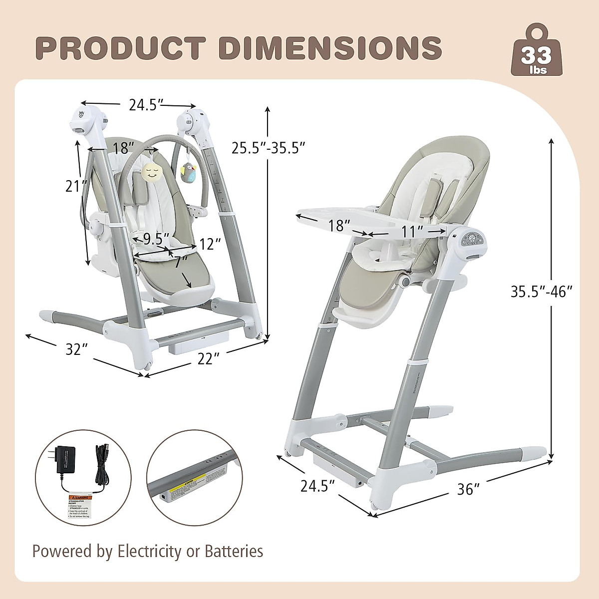 HONEY JOY 3 in 1 Baby Swings, Convertible Highchair for Babies and Toddlers, Compact Portable Infant Swing, Infant Booster Seat w/Double Tray, Music & Wheels, Easy Folding, Double Food Tray(Gray)