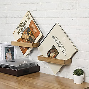 MyGift Natural Solid Acacia Wood Vinyl Album Record Holder Storage Shelf, Wall Display Rack with Angle Design, Set of 2