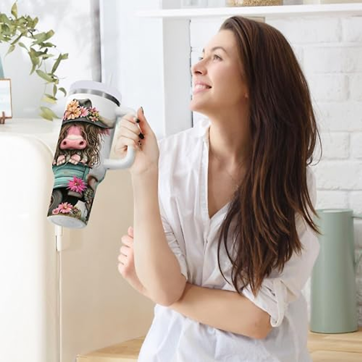 RPLIFE Beautiful Pink Highland Cow White Coffee Tumbler, Stainless Steel Coffee Cup, Insulated Coffee Mug with Lid, Tumblers for Women