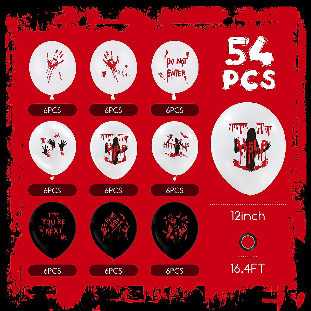 54PCS Scary Halloween Balloons,12 Inch Halloween Bloody Handprint Balloons Blood Dplatter Balloons Horror Balloons Decorations for Zombie Vampire Haunted House Crime Party Supplies