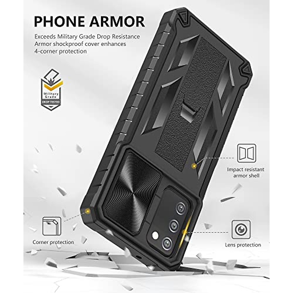 for Samsung Galaxy A03s Protective Case: Military Grade Drop Proof Full Protection Mobile Phone Cover with Kickstand | Durable Rugged Shockproof TPU Matte Textured Tough Bumper Shell