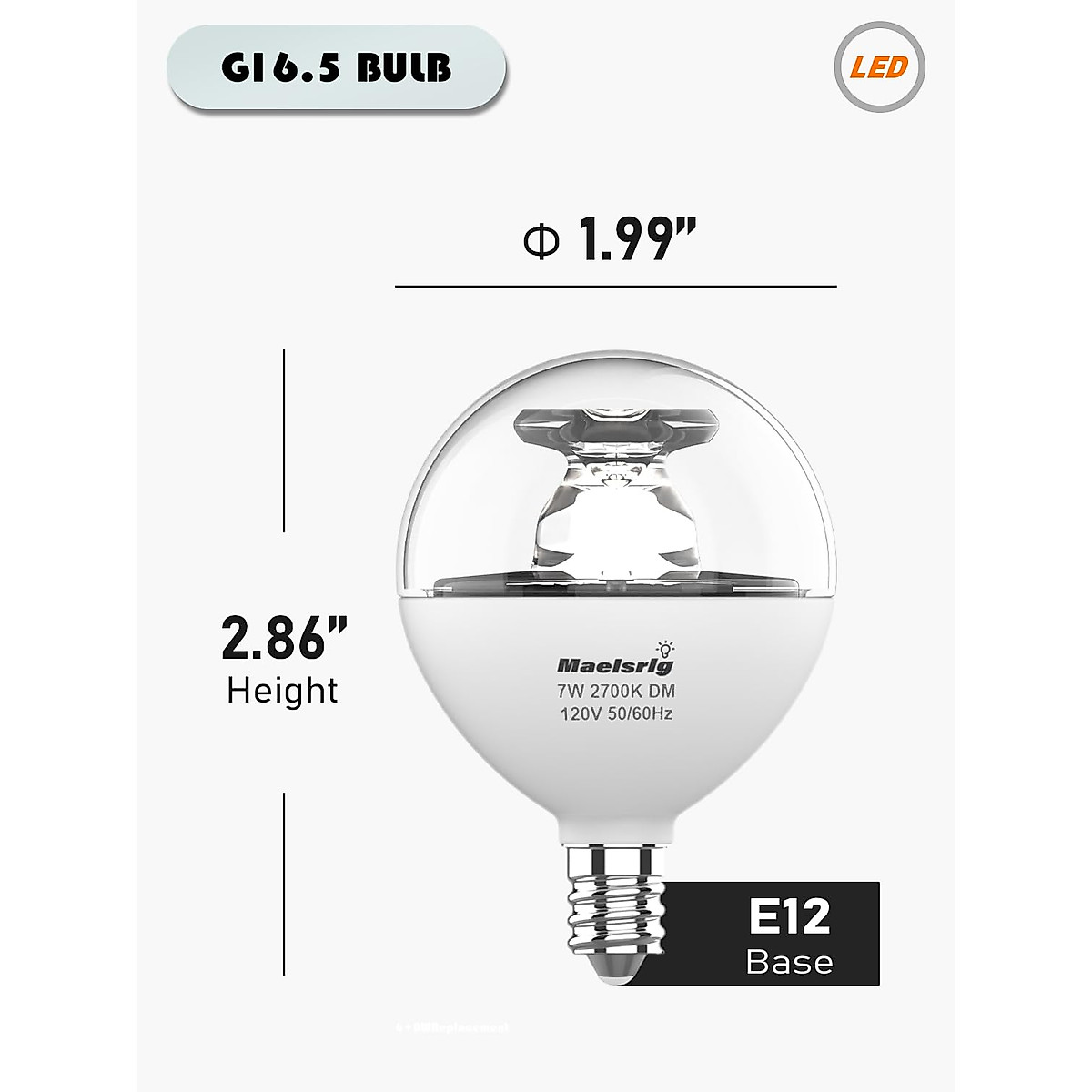 Maelsrlg G16.5 Light Bulb LED, 60W Equivalent, Small Round Light Bulbs, E12 Candelabra Base, Dimmable, Daylight 5000K, 7W 600 Lumens, Type G Light Bulb, Clear Glass, Pack of 4