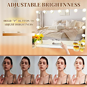 Vanity Mirror with Lights,Lighted Vanity Mirror with 15 Dimmable Bulbs for Dressing Room & Bedroom,3 Color Lighting,Modes Detachable 10x Magnification 360°Ratation (Off White-15 Bulbs)