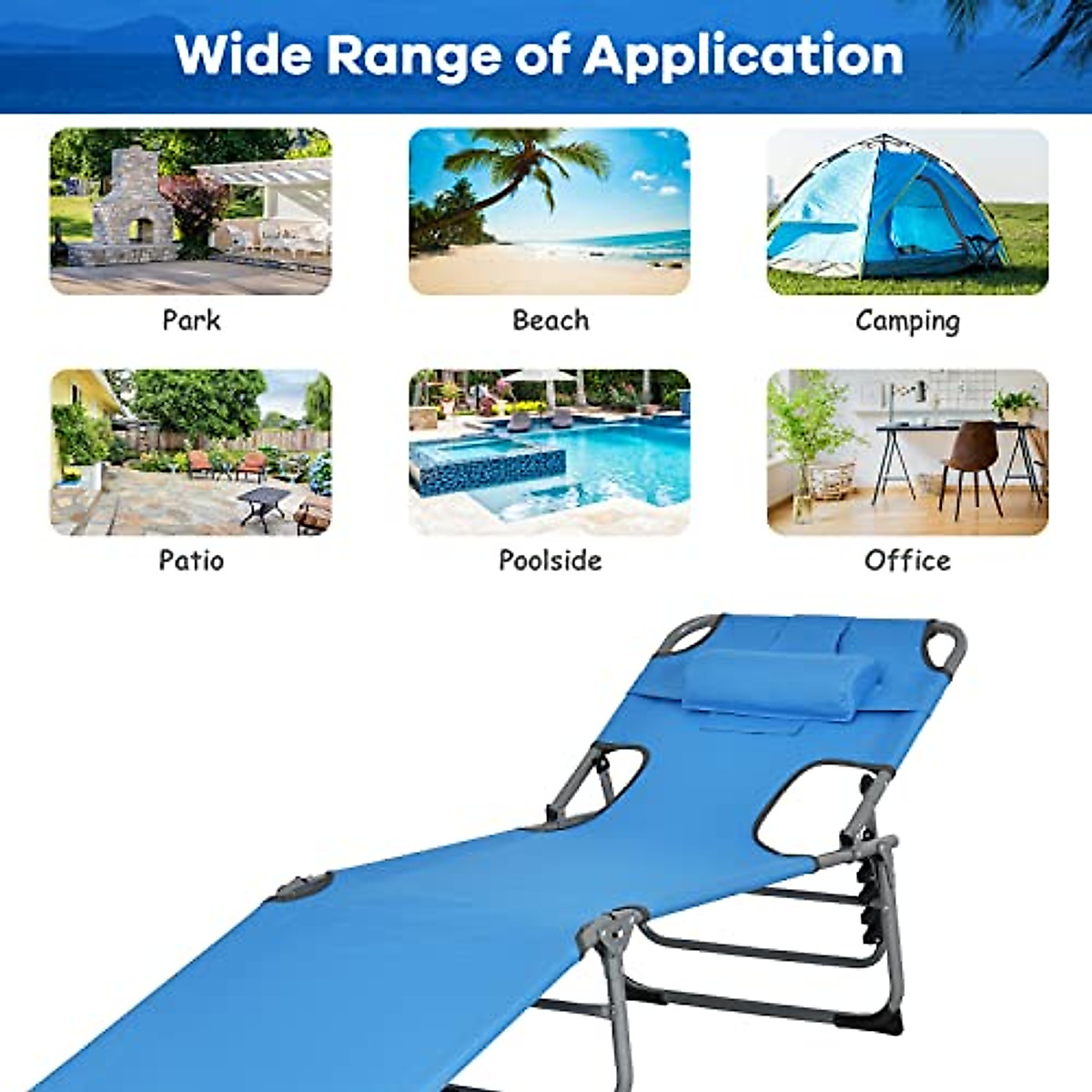 BANGTANE Tanning Chair, Lounge Chair for Outside, Portable Folding Beach Lounger w/ 5 Backrest Positions, Face Hole & Removable Pillow, 331LBS, Ideal for Poolside, Beach, Garden (Blue)