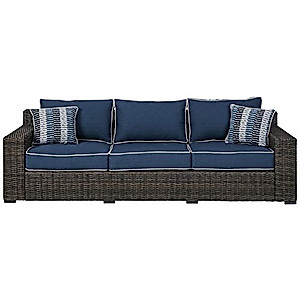 Signature Design by Ashley Grasson Lane Outdoor Patio Wicker Sofa with Cushion and 2 Pillows, Brown & Blue