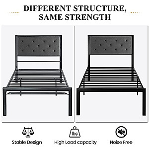 SHA CERLIN Twin Size Metal Platform Bed Frame with Fabric Upholstered Button Tufted Headboard, Mattress Foundation with 17 Strong Metal Slats Support, No Box Spring Needed, Easy Assembly, Dark Grey