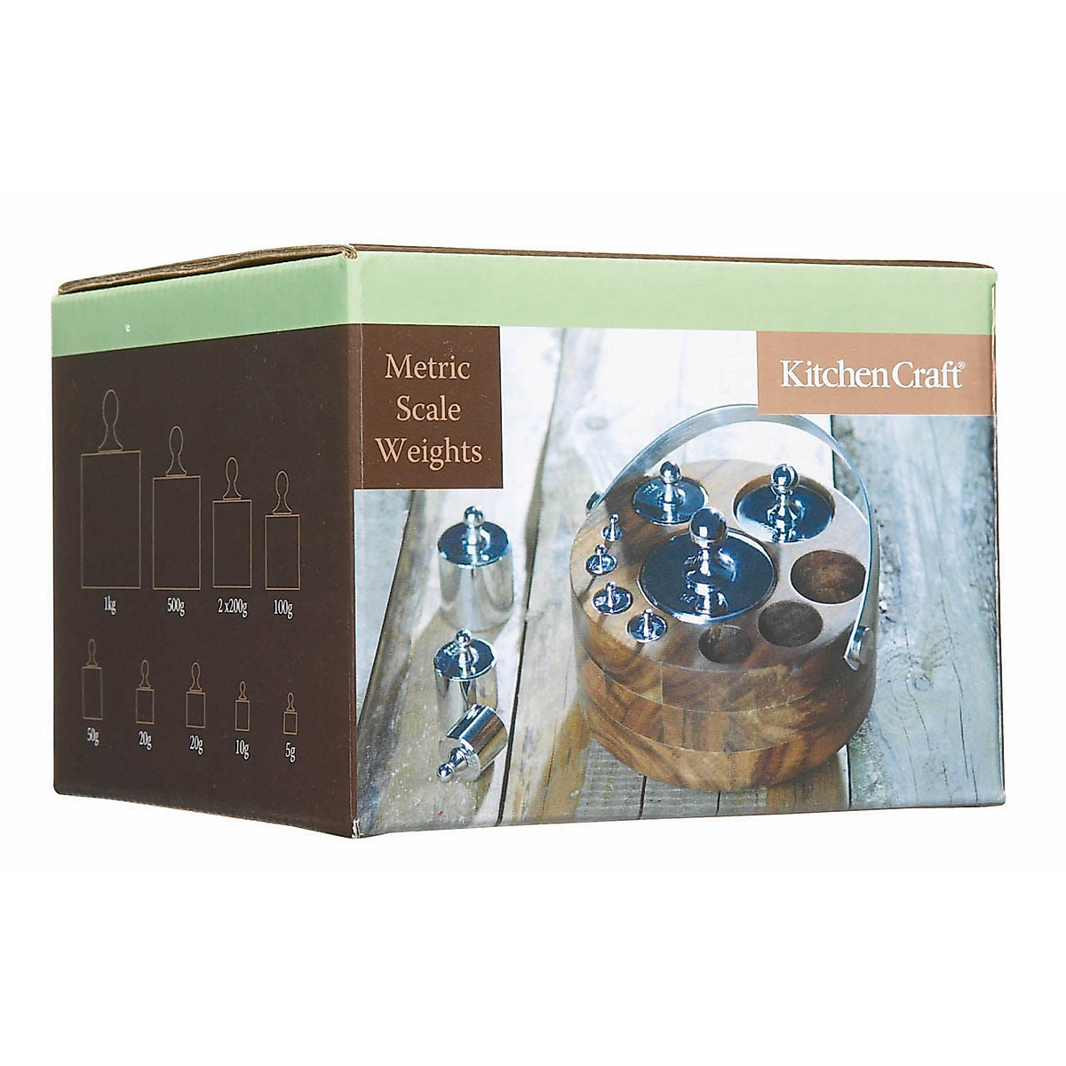 KitchenCraft Living Nostalgia Kitchen Scale Weights Set (Metric) with Wooden Holder in Gift Box, Polished Metal, 10 Pieces