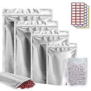 120 pcs Mylar Bags for Food Storage- Food Storage Bag with Oxygen Absorbers(300cc) - 1 Gallon( 20 pcs), 2 Quart(25 pcs), 1 Quart(35 pcs), 1/2 Pint( 40 pcs) with 125 labels - Heat Resalable Mylar Bags - Leak-proof Smell Proof Bags