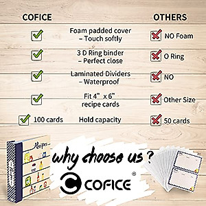 COFICE Recipe Book Binder – 8.5x9.5 Recipe Ring Binder, 4x6 Cards and Tabbed Dividers, Seasoning Design