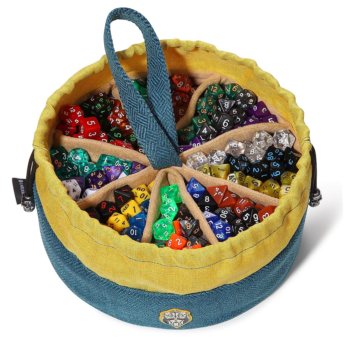 CardKingPro Monstrous - Dice Bag with 8 Pockets - Blue/Yellow - Huge Capacity 500+ Dice - Great for Dice Hoarders