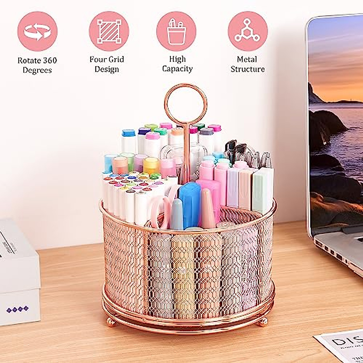 Spacrea Pen Holder for Desk - 360°Degree Rotating Pen Organizer, Desk Organizer with 4 Compartments, Pencil Holder for Desk, For School, Classroom, Office, Art Supplies(Rose Gold)