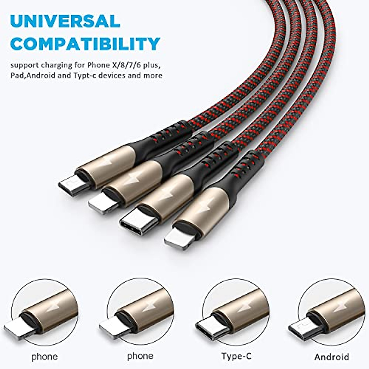 [ 2Pack 4FT] Multi Charging Cable Nylon Braided Universal 4 in 1 Multiple USB Cable Fast Charging ,With Dual Phone/USB-C/Micro-USB Port Adapter, Compatible with Cell Phones Tablets Universal Use