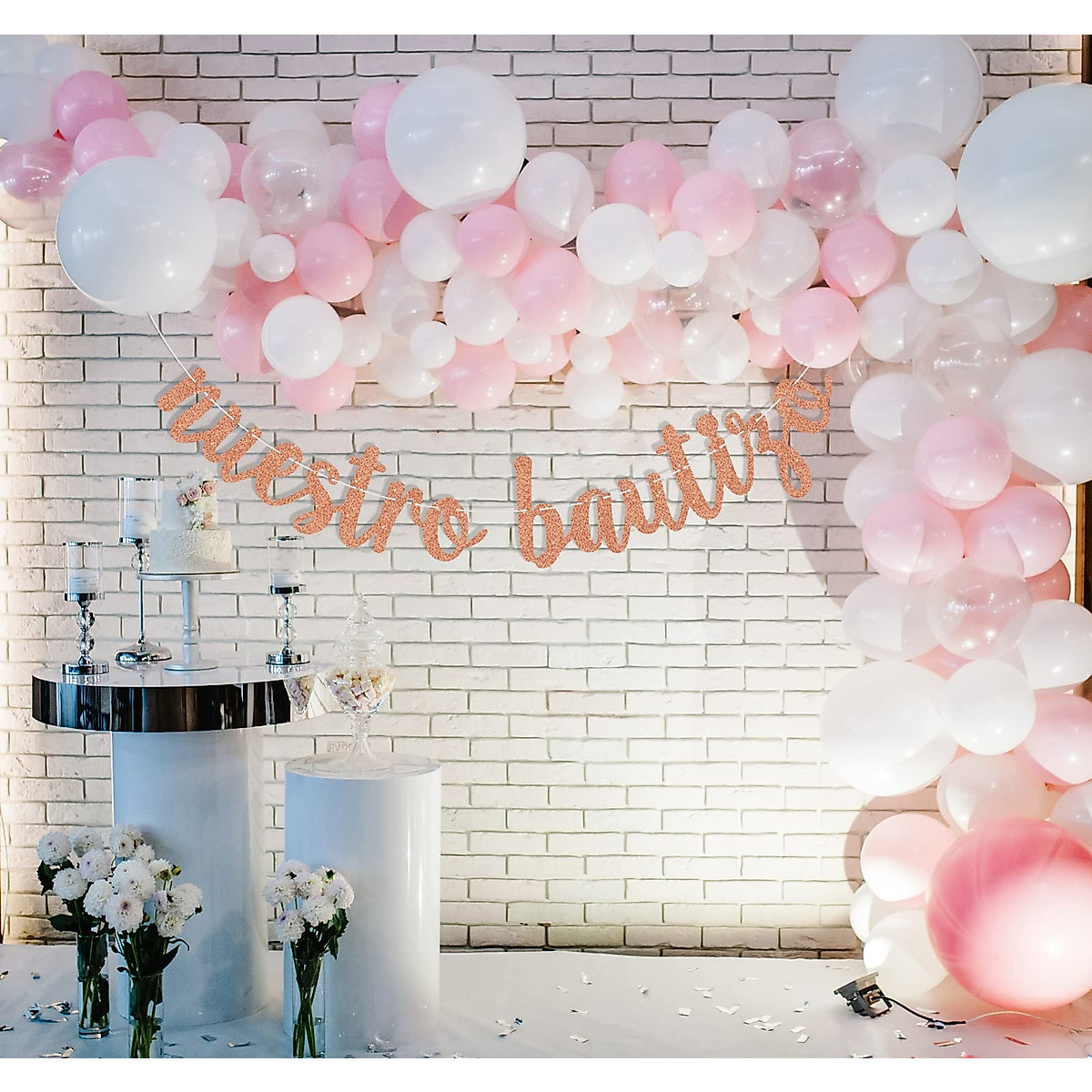 Nuestro Bautizo Banner, Spanish Baptism Party Decorations, First Holy Communion Decor, Kid's Birthday Baby Shower Party Decoration Supply Rose Gold Glitter