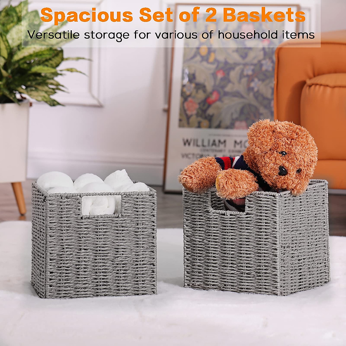 Vagusicc Wicker Baskets for Storage, Wicker Baskets for Shelves, Set of 4 Hand-Woven Round Paper Rope Storage Baskets Wicker Baskets for Organizing Storage Bins, Grey