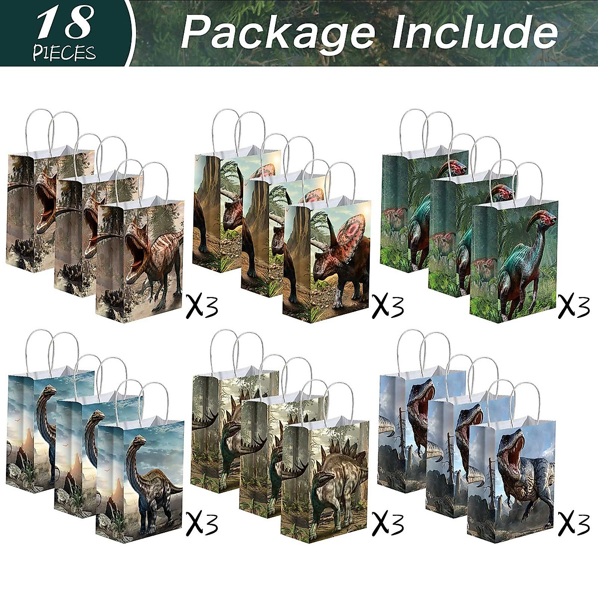 Funrous Dinosaur Gift Party Favor Dino Treat Bags Dinosaur Paper Goodie Bags with Handles Dino Candy Goodie Paper Package for Kids' Birthday Decorations Party Supplies, 8.7 x 6.3 x 3.2 Inch(18 Pcs)