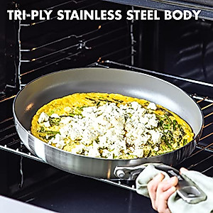 GreenPan Chatham Tri-Ply Stainless Steel Healthy Ceramic Nonstick 12" Frying Pan Skillet, PFAS-Free, Induction Suitable, Dishwasher Safe, Silver