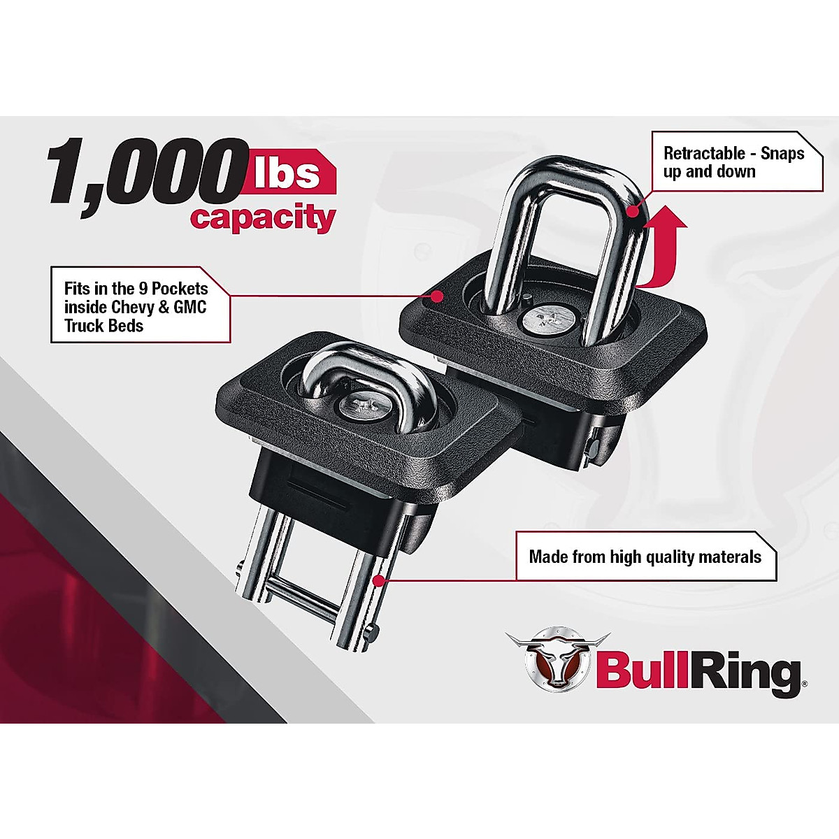 Bull Ring Inner Bed Retractable Truck Bed Tie Down Anchors for 2007+ Chevy Silverado & GMC Sierra, 2015+ Chevy Colorado & GMC Canyon (3 Pairs)