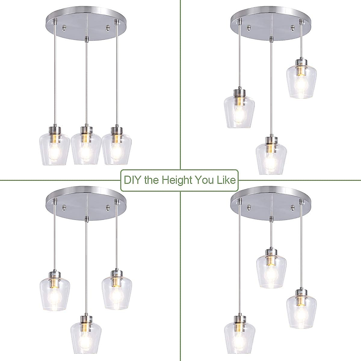 TeHenoo 3-Light Pendant Lighting, Clear Glass,Adjustable Cord,Brushed Nickel Pendant Light Fixtures for Kitchen,Dining Room,Bar